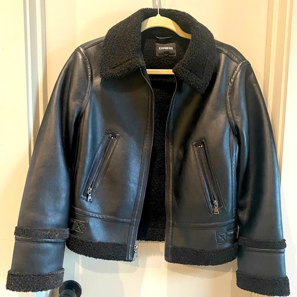 Express | Jackets & Coats | Express Fuzzy Leather Bomber Jacket Cozy ...